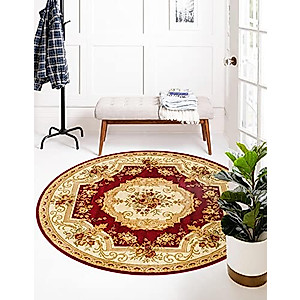 Rugs.com Chateau Collection Rug – 7' Round Red Medium Rug Perfect for Kitchens, Dining Rooms
