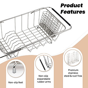 BTLATHA Sink Dish Drainer Rack, Expandable 304 Stainless Steel Dish Drying Rack Organizer with Stainless Steel Utensil Rack, Adjustable 14.96" to 20.59" Inside The Sink (up to 7 Upright Utensils).