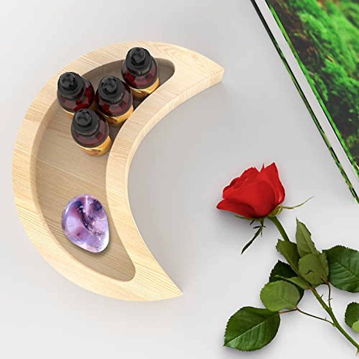 Wood Moon Tray Crystal Holder, Nuadem 6" x 3" Wooden Crystal Display Tray, Moon Shaped Ramadan Tray, Crystal Stone Holder - Crescent Crystal Tray for Essential Oil Jewelry & Food Dessert