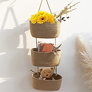TeoKJ Over the Door Hanging Basket, 3-Tier Woven Cotton Wall-Mounted Storage Organizer Bag Decorative Hanging Kitchen Baskets - Jute