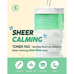 Glam Up AHA+PHA Exfoliating Facial Toner Pads for Sensitive Skin | Sheer Calming Vegan Korean Skincare Toner Pads for Acne Prone Skin and Pore Cleansing (65 Pads)