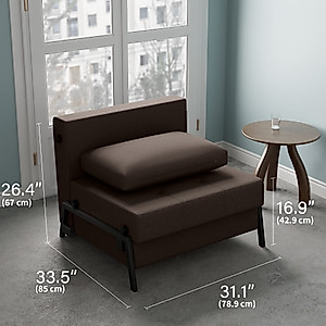 Serweet Chair Bed Sofabed for Adults Single, Convertible Folding Sofa for Living Room Bedroom Chair with Breathable Linen Fabric & Sturdy Metal Frame, Dark Brown