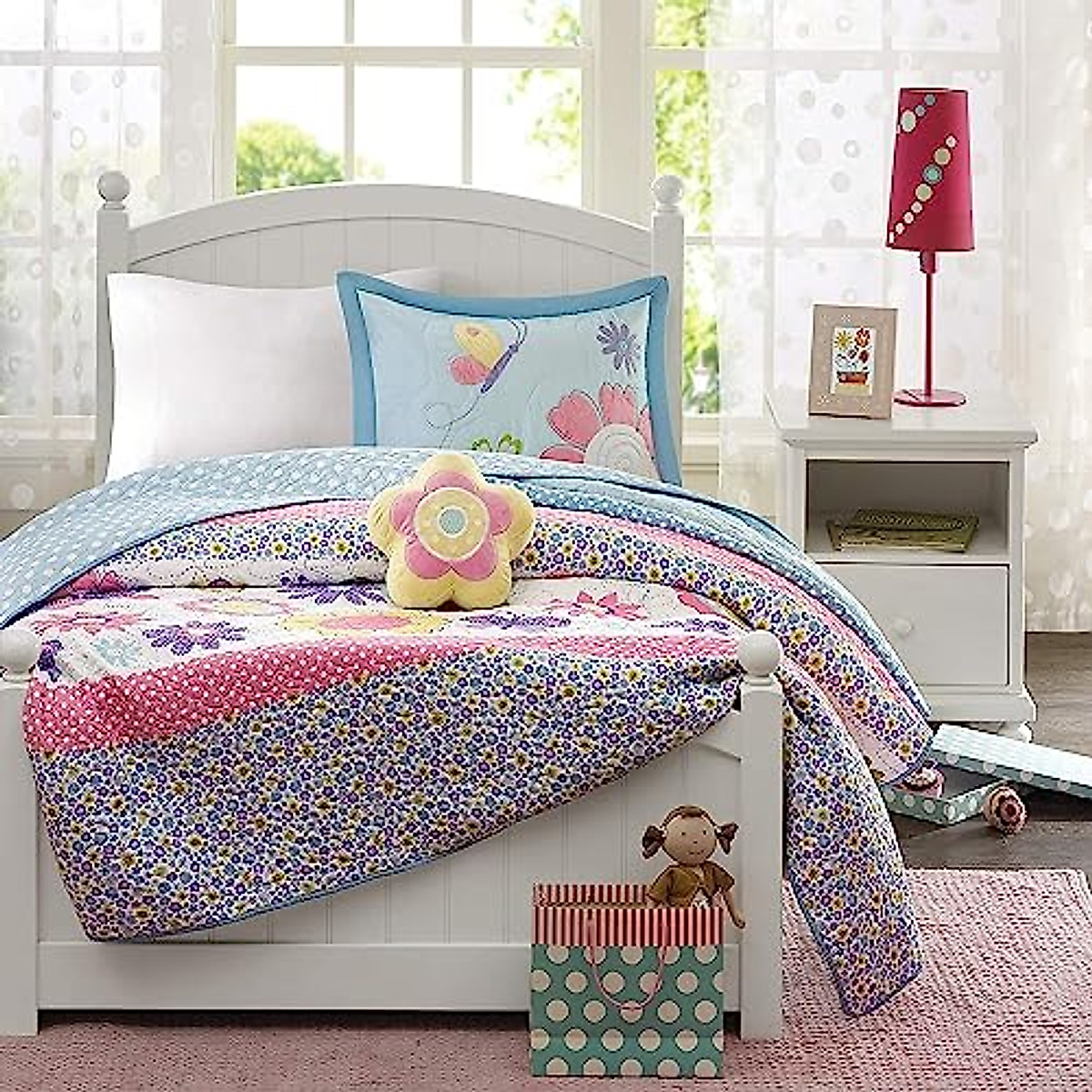 Mi Zone Kids Crazy Daisy Bedding For Girls Reversible Quilt Set - Sky Blue, Pink , Flowers, Butterfly, Polka Dots Reverse – Ultra Soft Microfiber Coverlet, Twin 3 Piece