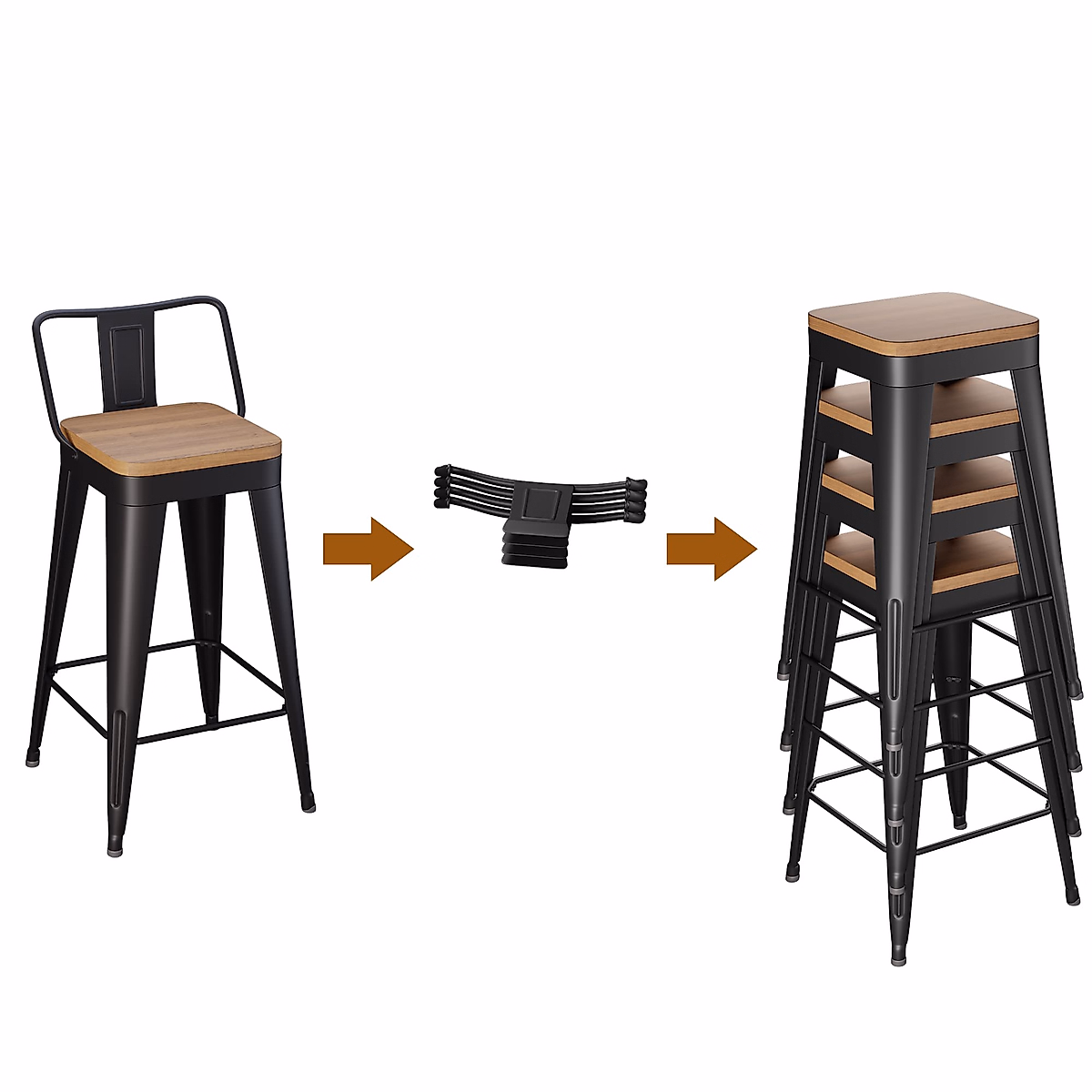 WENTMENT Metal Bar Stools Set of 4 Counter Height Bar Stools Barstools with Removable Back 24" Kitchen Bar Stools with Wooden Seat, Black