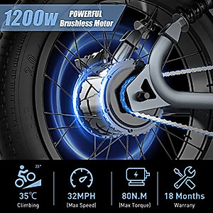 YYG Cool Electric Bike Adult 1200W, 20 Inch Fat Tire Ebike 32MPH & 45 Miles Long Range Urban Commuter E Bike with 48V 20AH Battery, Dual Shock Absorber Electric Motorcycle Dirt Bike