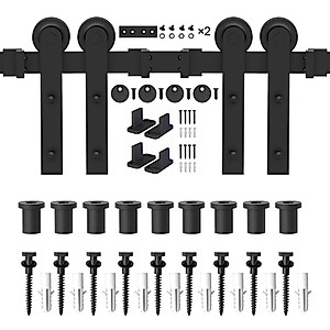 WINSOON 12FT Barn Door Hardware Kit: Double Sliding Door Hardware - Heavy Duty Black Barn Door Track Kit - Carbon Steel Sliding Barn Door Rail - J-Shape Easy to Install for 77" Closet Panel(No Door)