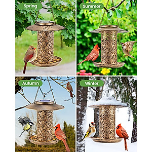 SWEETFULL Solar Bird Feeder for Outdoors Hanging, Metal Wild Bird Feeder for Cardinals Solar Garden Lantern with S Hook as Gift Ideas for Bird Lovers (2LBs Heavy Duty Weather Resistance birdfeeders)