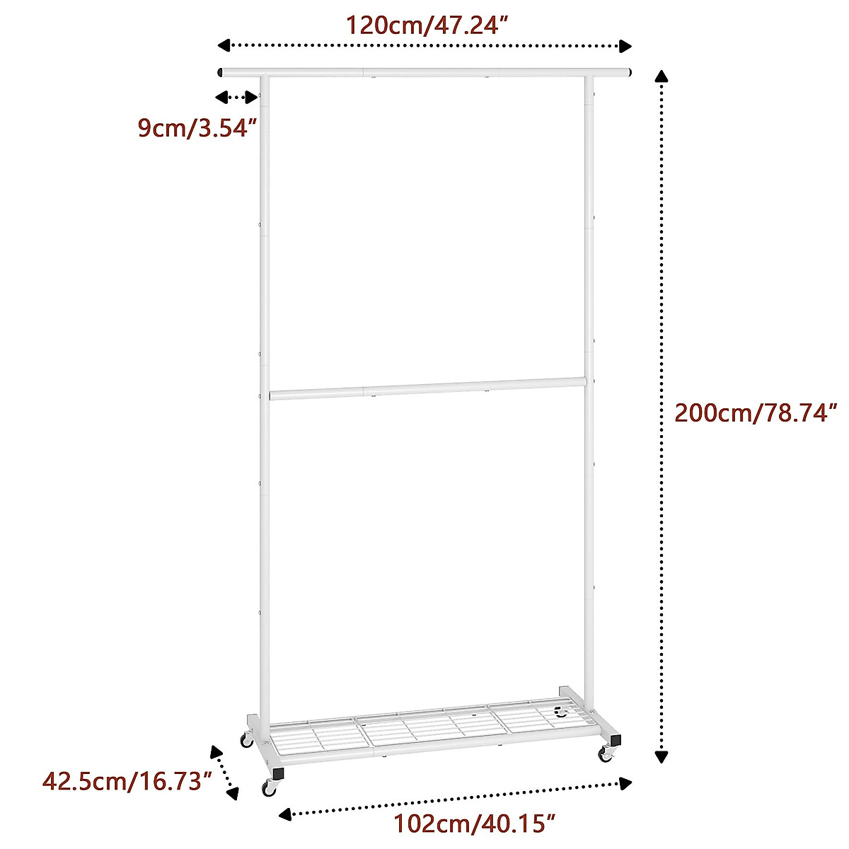 Sywhitta Double Rod Clothing Garment Rack, Rolling Coat Hanger with Bottom Mesh, Clothing Rack for Hanging Clothes, Coats, Skirts, Sweaters, White
