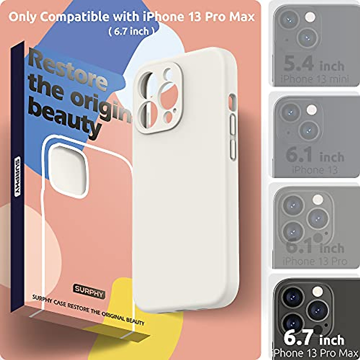 SURPHY Compatible with iPhone 13 Pro Max Case with Screen Protector, (Camera Protection + Soft Microfiber Lining) Liquid Silicone Phone Case 6.7 inch 2021, White