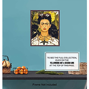 Poster - 8x10 Mexican Art Wall Decor Picture Print for Bedroom, Living Room, Home, Apartment - Gift for Women, Woman Artist - Monkey, Cat, Hummingbird Self-Portrait Painting - Unframed