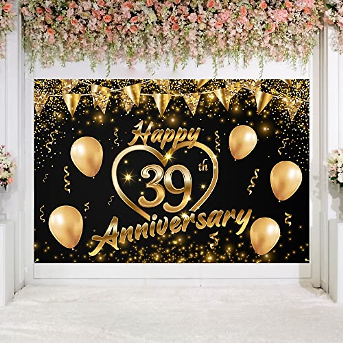 Happy 39th Anniversary Backdrop Banner Decor Black Gold – Glitter Love Heart Happy 39 Years Wedding Anniversary Party Theme Decorations for Women Men Supplies, 3.9 x 5.9 ft