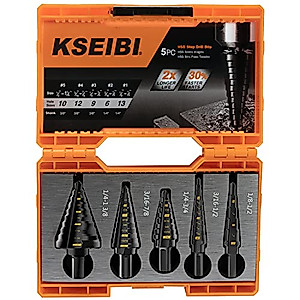 KSEIBI Step Drill Bit Set 5 Pieces Pack High Speed Steel Black Oxide M2 Multiple Hole 50 Sizes 1/8-1-3/8 inch SAE Standard Drill Attachment (KS-575105)