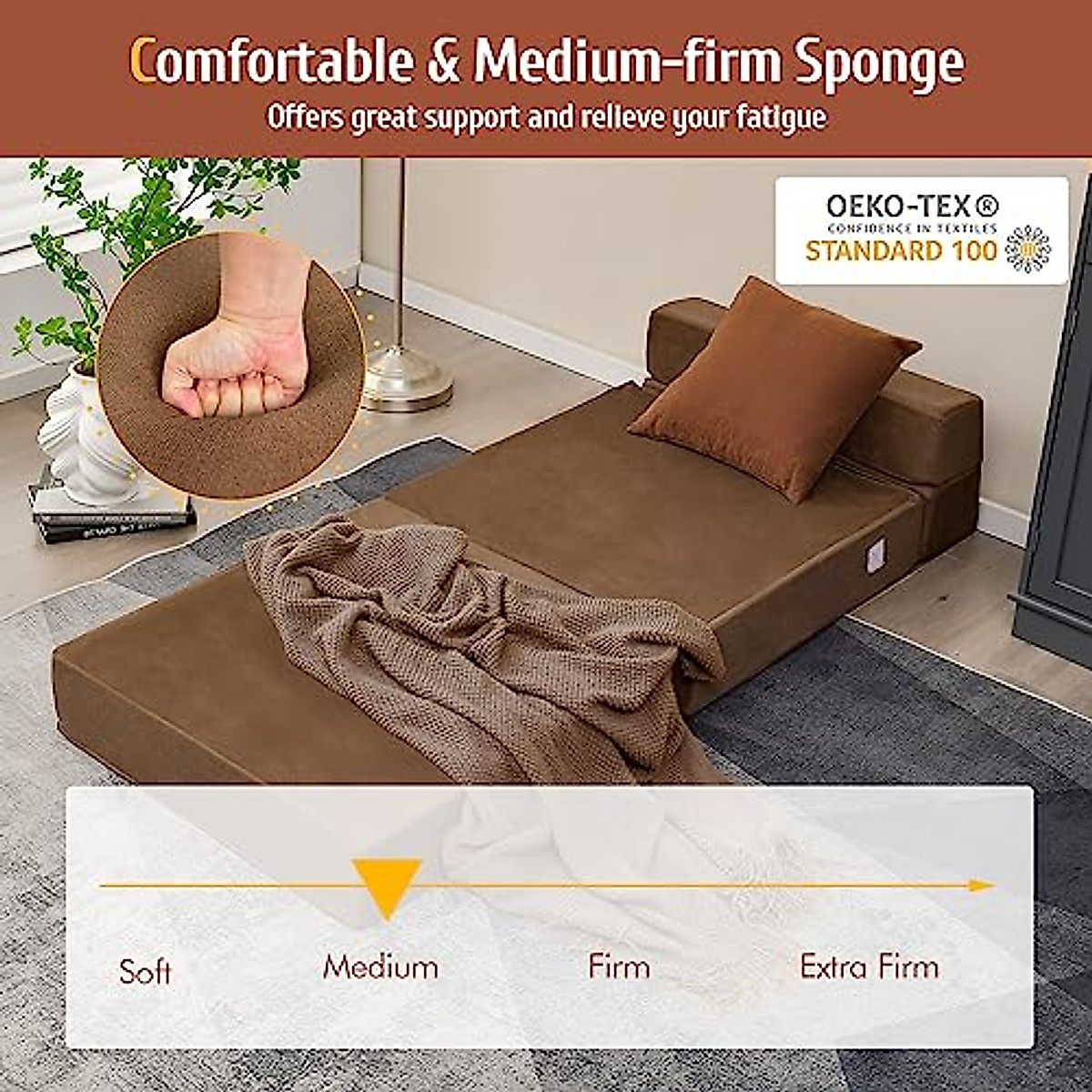 Giantex Convertible Sofa Bed, Floor Couch Sleeper, Folding Futon Guest Bed, Modern Chaise Lounge Upholstered Padded Cushion, Large Accent Chair Living Room Bedroom Brown