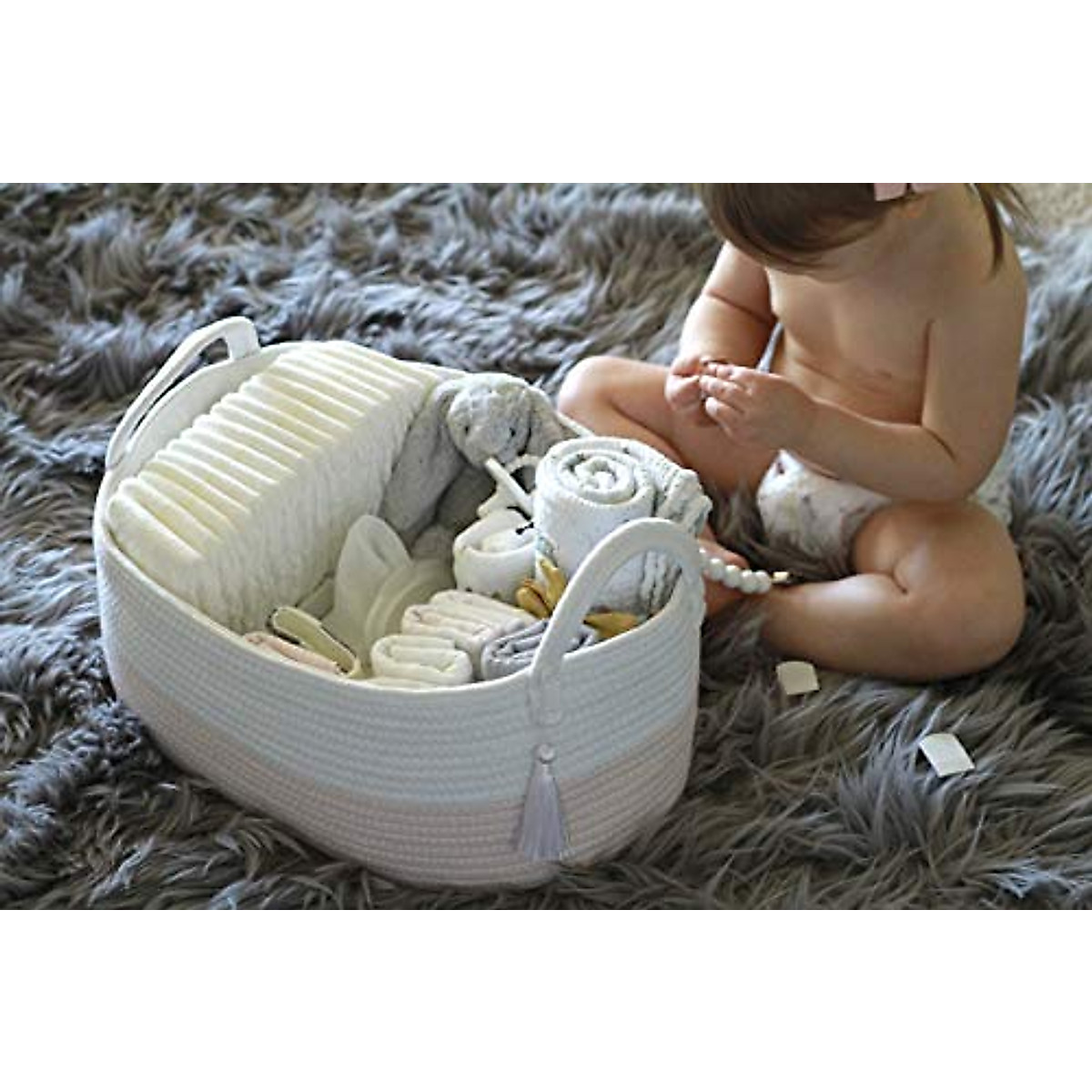 Emmy Baby Co. Rope Diaper Caddy Organizer - Large Nursery Storage Bin - Car Organizer - Baby Shower Basket - with 8 Pockets and Removable Dividers - Pale Blush Pink