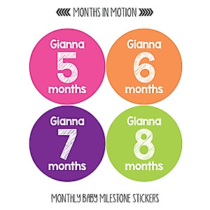 Personalized Baby Girl Monthly Milestone Stickers for First Year | Custom Set of 24 Name Labels for Shower Gift | Bright Colorful