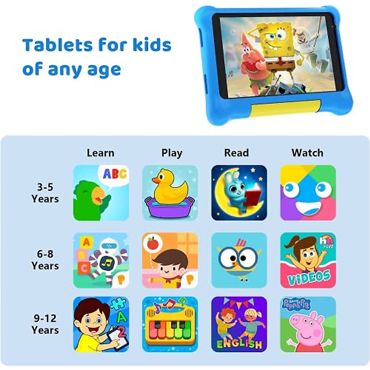 HiGrace Kids Tablet, 7 Inch Tablet for Kids, Android 12 Kids Tablet 2GB RAM + 32GB ROM, HD Display, Quad Core, Bluetooth, Dual Camera, Wi-Fi Tablet for Toddler - Blue