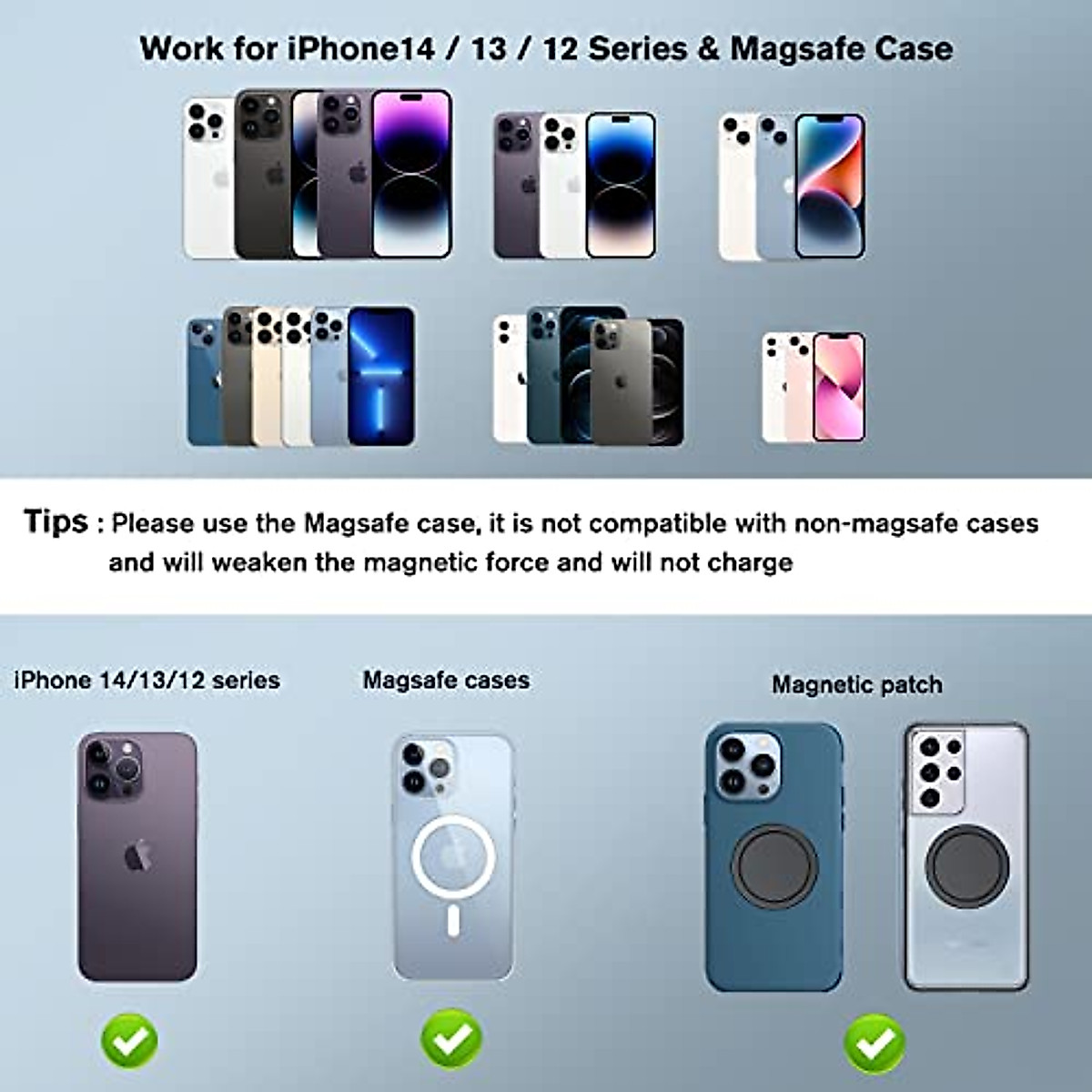 OHLPRO Magnetic Wireless Car Charger Mount, Compatible with MagSafe Car Charger 15W Fast Charging Air Vent Mount Clip or Stick on Dashboard,for iPhone 14/13/12 Series Phone Holder