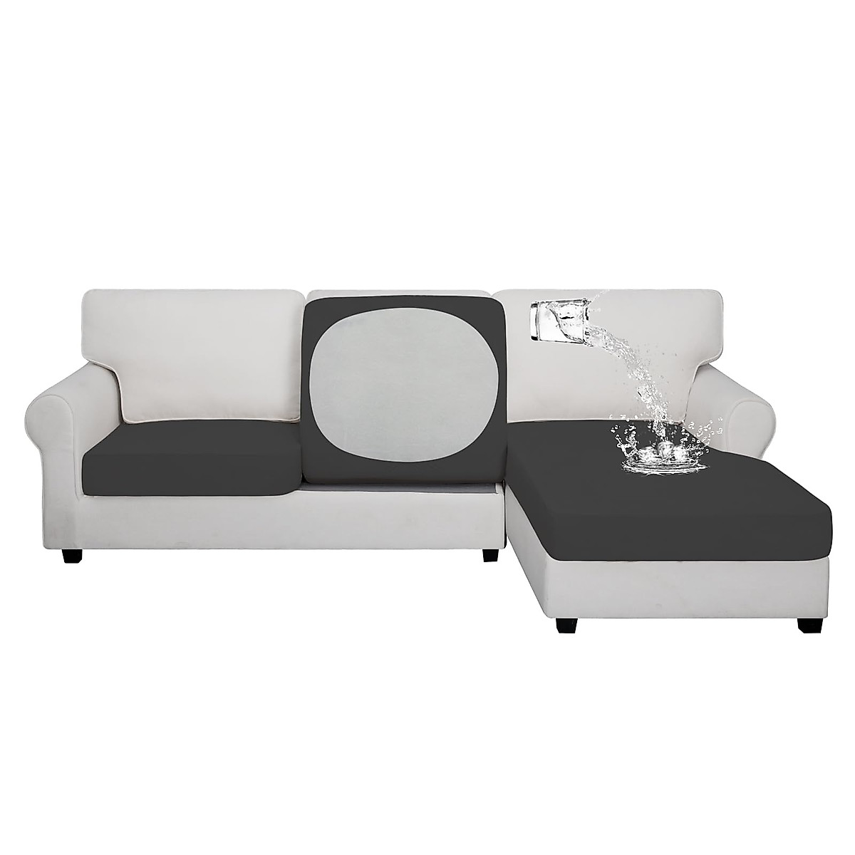 Easy-Going 100% Waterproof 3 Pieces Couch Cushion Covers for Sectional Sofa Left/Right L Shape Chaise Lounge Sofa Seat slipcover Anti-Slip Sofa Cover (2 Seater + 1 Chaise, Dark Gray