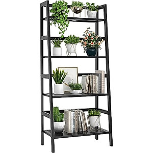 Homykic 4-Tier Black Bookshelf Ladder Shelf, Bamboo 49.2” Open Book Shelf Bookcase Ladder Shelves Freestanding Bathroom Storage Shelf Unit Plant Stand for Living Room, Bedroom, Office, Easy Assembly