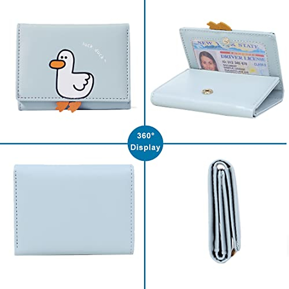 Sunwel Fashion Girls Cute 3D Duck Tri-folded Wallet Small Wallet Cash Pocket Card Holder ID Window Purse for Women (LIGHT BLUE, DUCK)