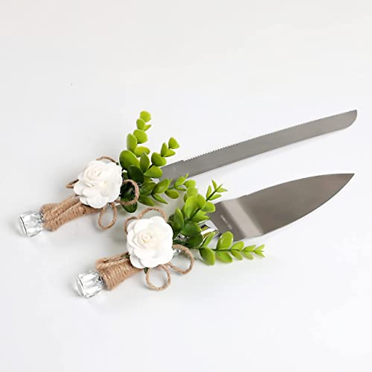 Joy Ceremony Wedding Cake Knife and Server Set, Rustic Cake Cutting and Serving Set - Bridal Cutter Set with Eucalyptus Leaves (White - 2'' Rose)
