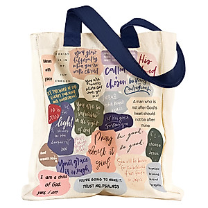 Miss Adola Aesthetic Heavy Canvas Tote Bag with Pocket for Women, Chic Bible Quote Collages Design Casual Sturdy Christian Cloth Cotton Gusseted Totes Bag with Pattern for Vacation, Shopping, Gym