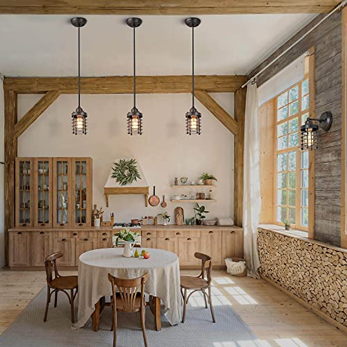 LNC Rustic Pendant Lighting for Kitchen Island, Retro Vintage Pendant Light Fixture with Metal Cage Shade, Mini Hanging Pendant Lights Adjustable for Kitchen Sink, Dining Room, Bedroom, Foyer, 3.9”D