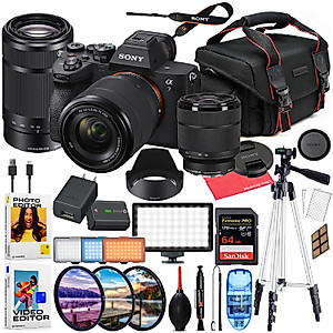 Sony a7 IV Mirrorless Camera with 28-70mm & 55-210mm Lens Bundled Kit + Accessory Package with LED Video Light, HD Filters, 64GB Extreme SD, Case, & Editing Software Package