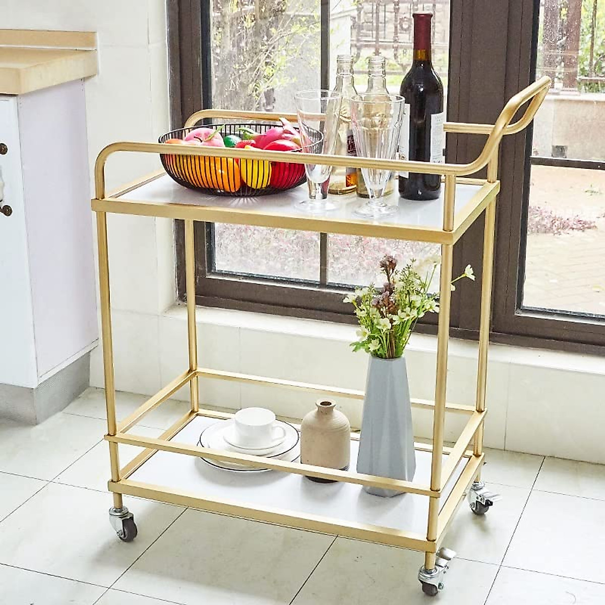FLYIFE Movable Hand Trucks Dining Cart Hotel Shower Room Cart Restaurant Drink Cart Tea Cart Showroom Living Room Home Mobile Car/Marble Panel/69X35X82Cm