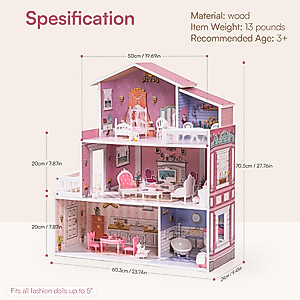 ROBUD Wooden Dollhouse Playset, 3 Stories, 5 Rooms, 24 PCS Furniture, Pretend Play Toys Gift for Kids Toddlers Girls