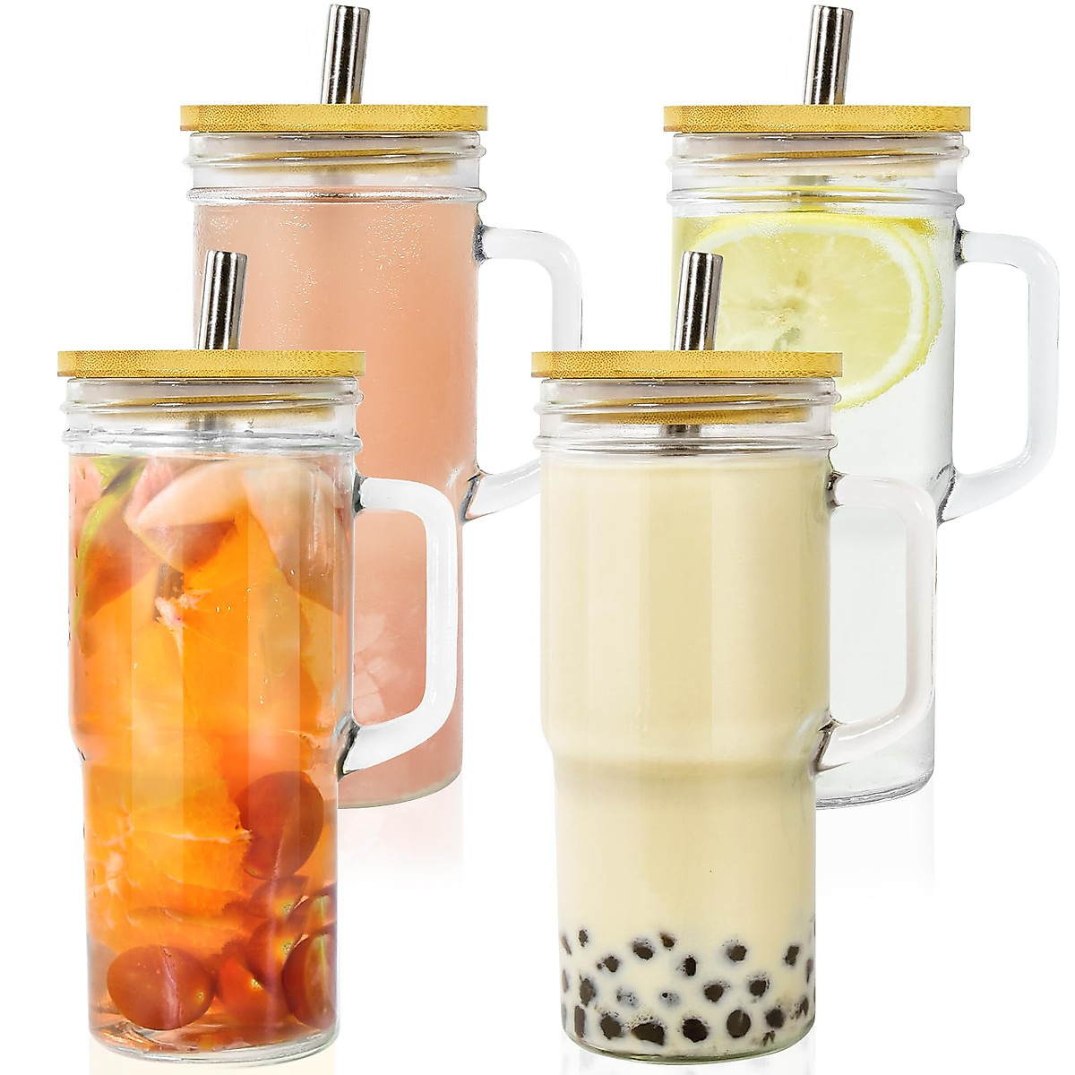 CHLJAR 4Pcs Glass Cups with Lids and Straws, 24oz Mason Jar Iced Coffee Cup Drinking Jars Glasses Tumbler with Handle Bamboo Lids Wide Mouth Travel Mug for Bubble Tea, Iced Coffee, Smoothie, Beer