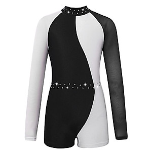 FEESHOW Leotards for Girls Gymnastics Children Long Sleeve Zipper Back Biketard Unitard Jumpsuit with Shorts Black&White 14 Years