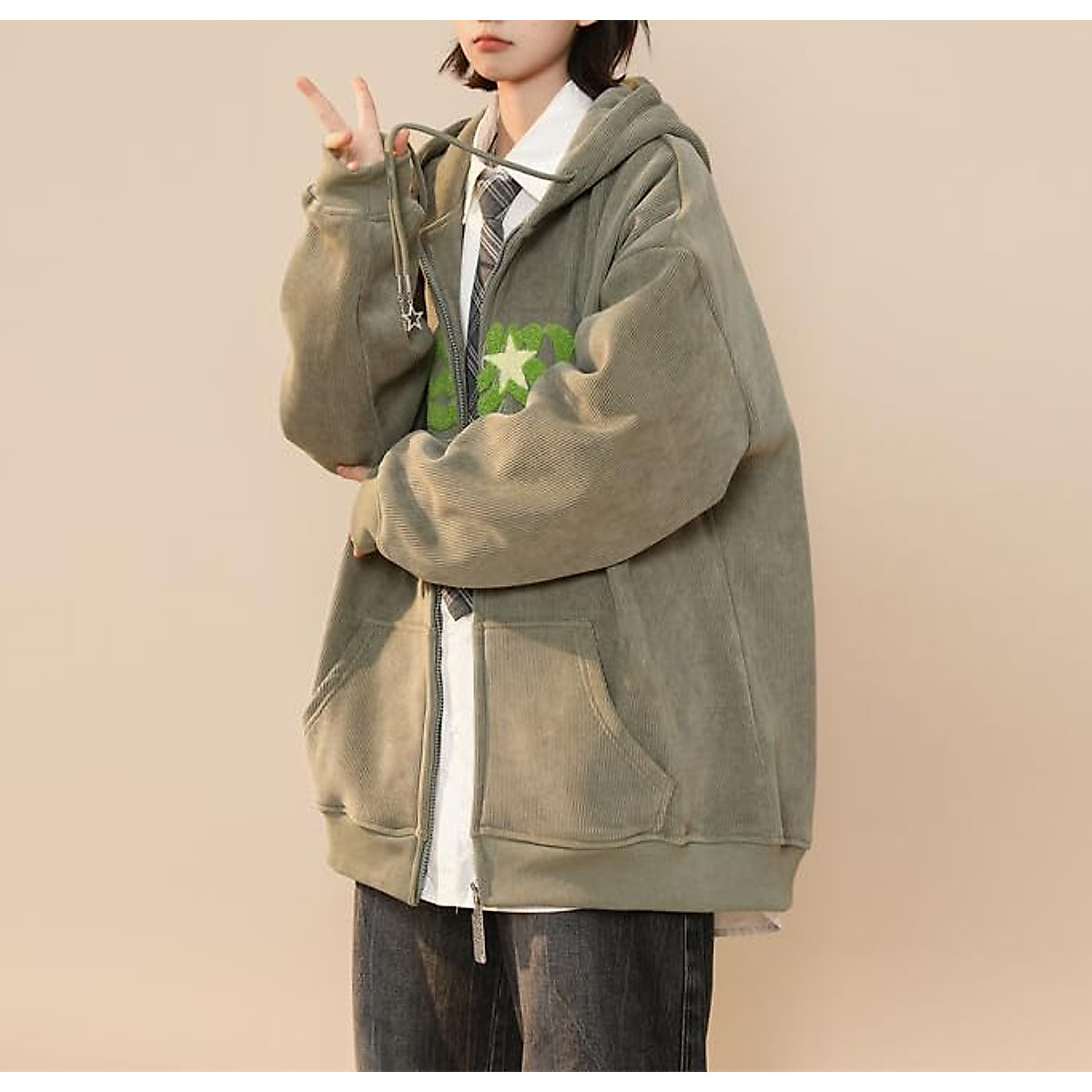 Sumleno Y2K Zip Up Hoodie Letter Print Star Graphic Grunge Hooded Corduroy Sweatshirt Jacket Oversized Retro Y2k Clothing (Green,M)