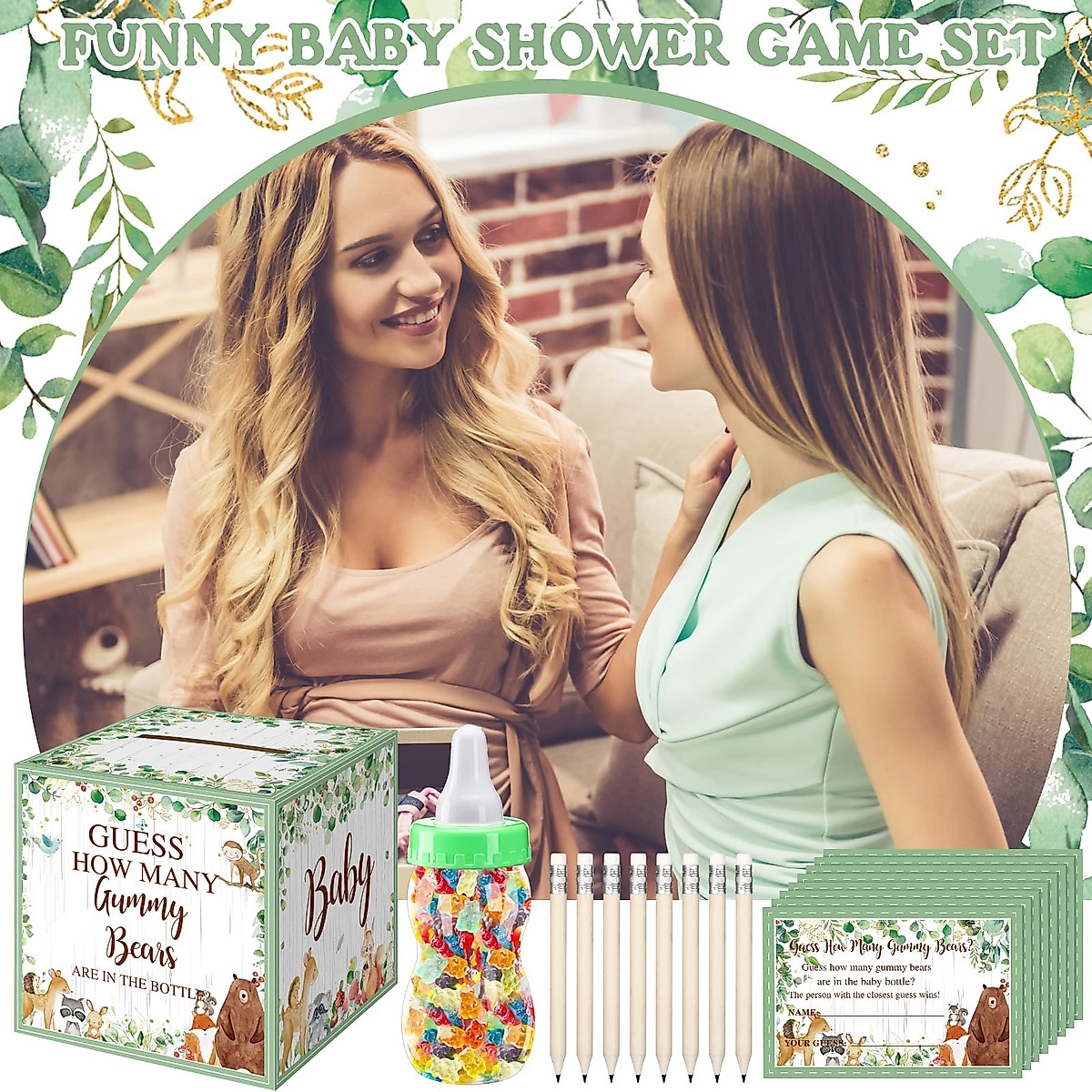 TrelaCo 82 Pcs Guess How Many Bears Baby Shower Game 1 Woodland Game Box 1 Baby Bottle 60 Guessing Cards 20 HB Pencils for Baby Shower Favors Games Gender Reveal