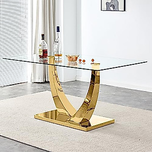 63in Glass Dining Table for 6 with Steel Base, Rectangle Dining Room Table Kitchen Table with Golden U-Shape Bracket, Luxury Dining Table for 4 or 6, Dinner Table for Living Room Banquet Hall