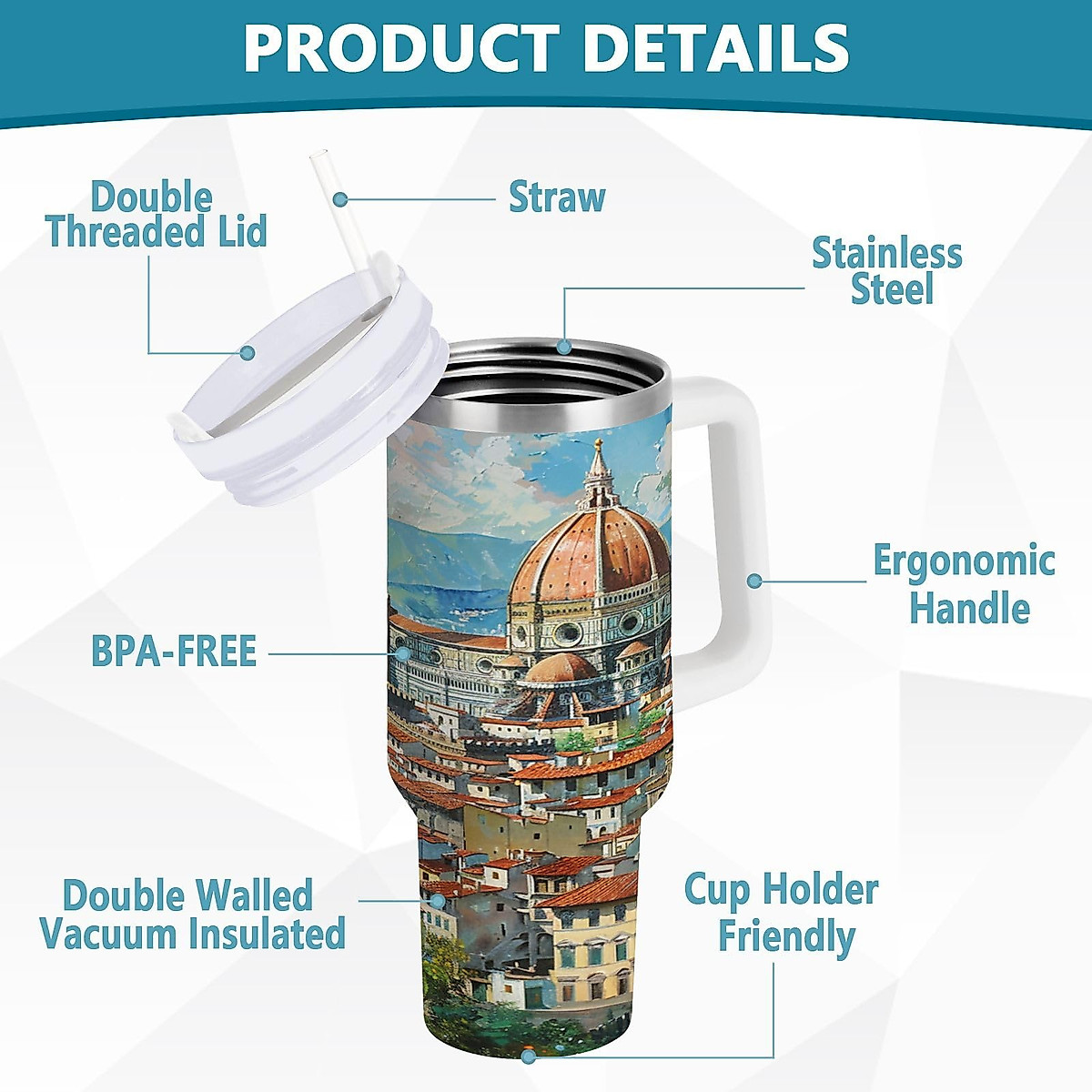 ALAZA Italy Florence Cathedral 30 oz Tumbler Water Bottle with Straw Lid and Handle,Reusable Insulated Stainless Steel Cup for Women Men Travel Car Cup Holder