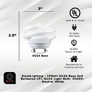 SLEEKLIGHTING 13Watt T2 Spiral CFL GU24 Base Puck Light Bulb 2700K 800lm -UL Approved,Compact Fluorescent -Warm White Light 4pack