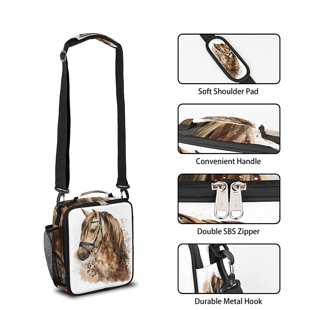 Horse Lunch Bag for Girls, Watercolor Animal Horse Lunch Box Reusable Insulated Leakproof Lunch Bag for Kids Thermal Cooler Lunch Tote with Removable Shoulder Strap for Elementary Daycare Picnic