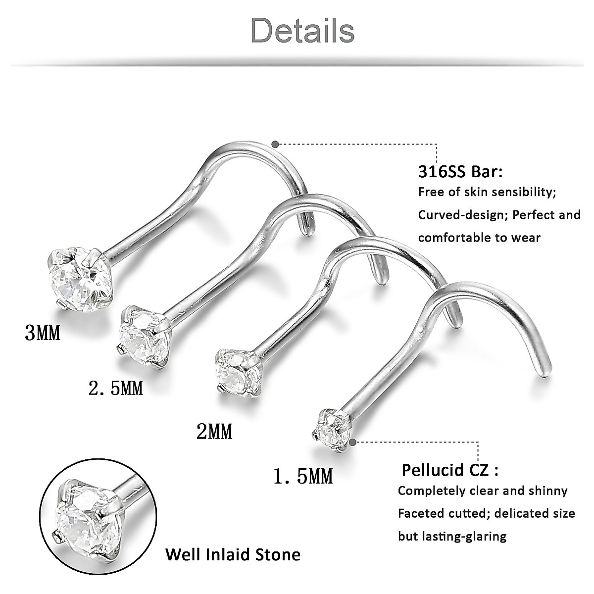 Jstyle 20G 1.5mm 2mm 2.5mm 3mm 3.5mm 4mm Round Diamond CZ Nose Screw Studs Rings Piercing Jewelry