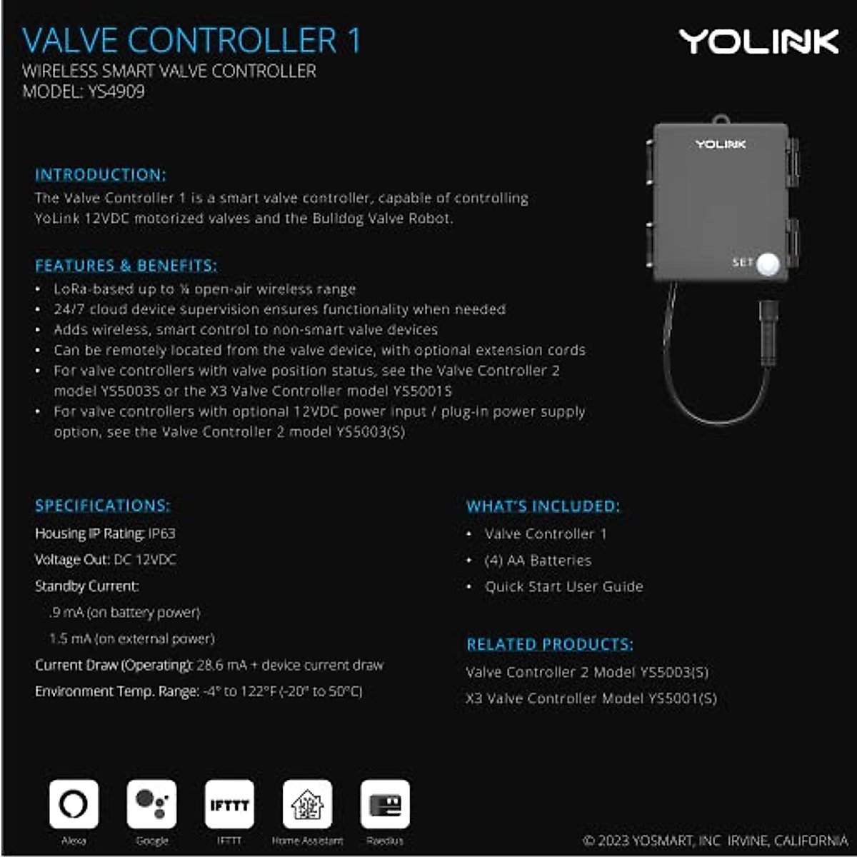 YoLink Wireless Smart Valve Control Kit, 1" Brass Motorized Valve, Wireless Valve Controller, Battery Powered Valve