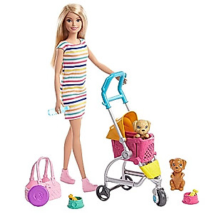 Barbie Dogwalking Doll & Accessories, Stroll & Play Pups Playset with Transforming Stroller, 2 Pets & Handbag, Blonde Doll