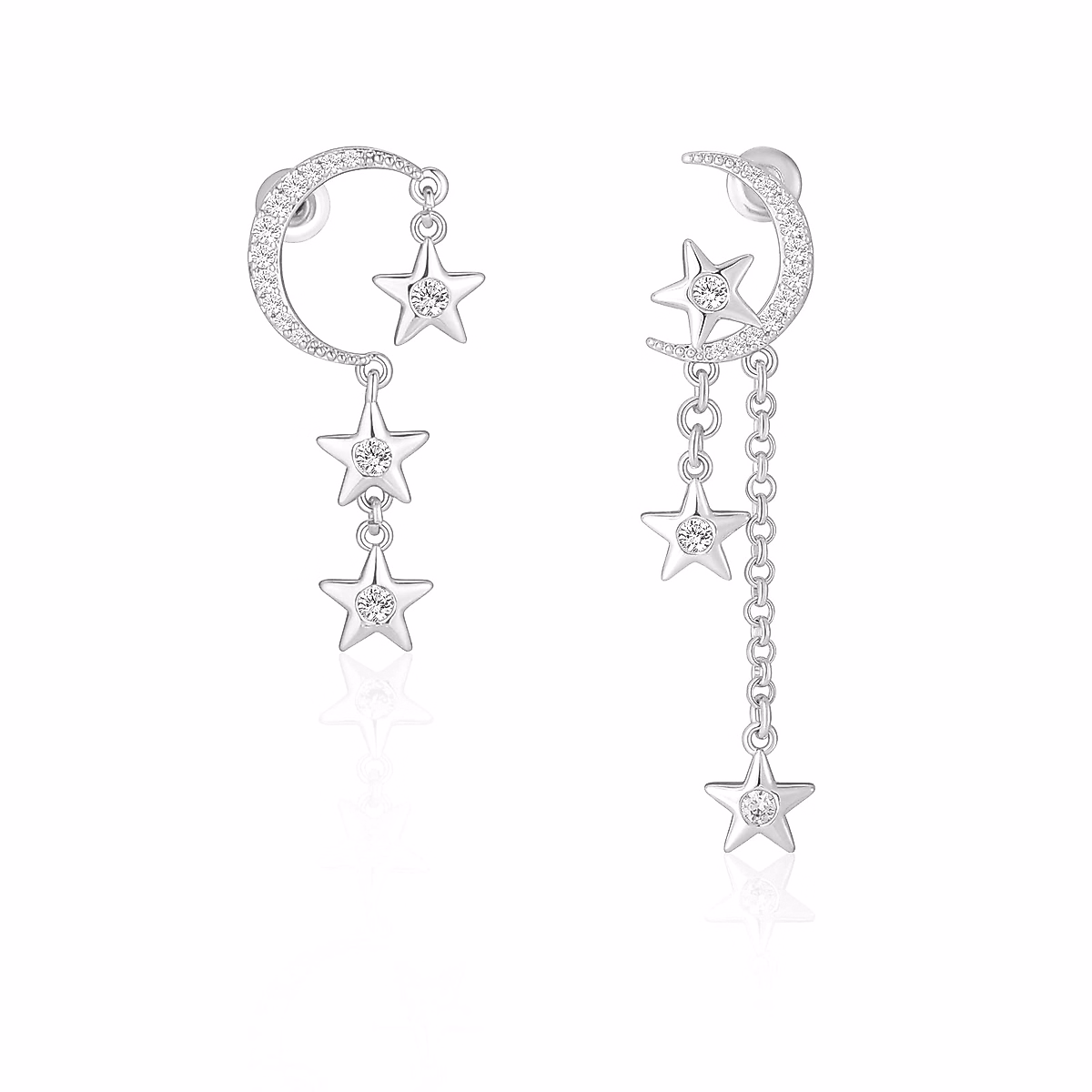 MESOVOR Moon Star Dangle Earrings, 16K Gold Plated Drop Tassel | Sparkling Zirconia Asymmetrical Earrings for Women (Silver)