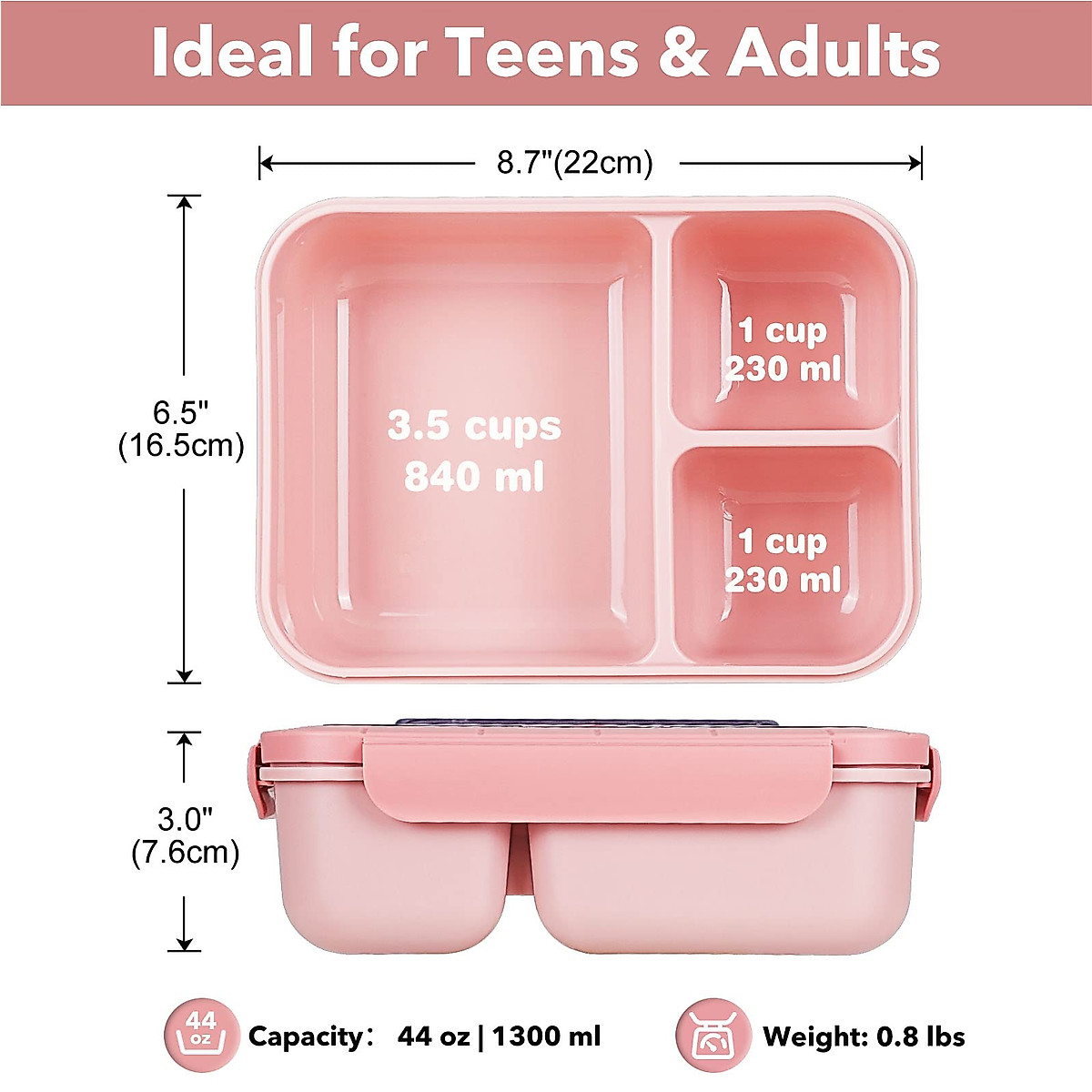 Caperci Premium Bento Box Adult Lunch Box for Older Kids - Leakproof 44 oz 3-Compartment Lunch Containers for Adults and Teens, Ergonomic Design, Built-in Utensil Set & BPA Free (Pink)