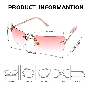 Rectangle Y2k Sunglasses for Women,Trendy Rimless Gradient Pink Sunglasses Retro Square Vintage Shades