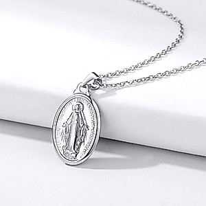 Nofade Silver Virgin Mary Necklace for Women Men 925 Sterling Silver Oval Pendant Necklace Catholic Religious Christian Jewelry