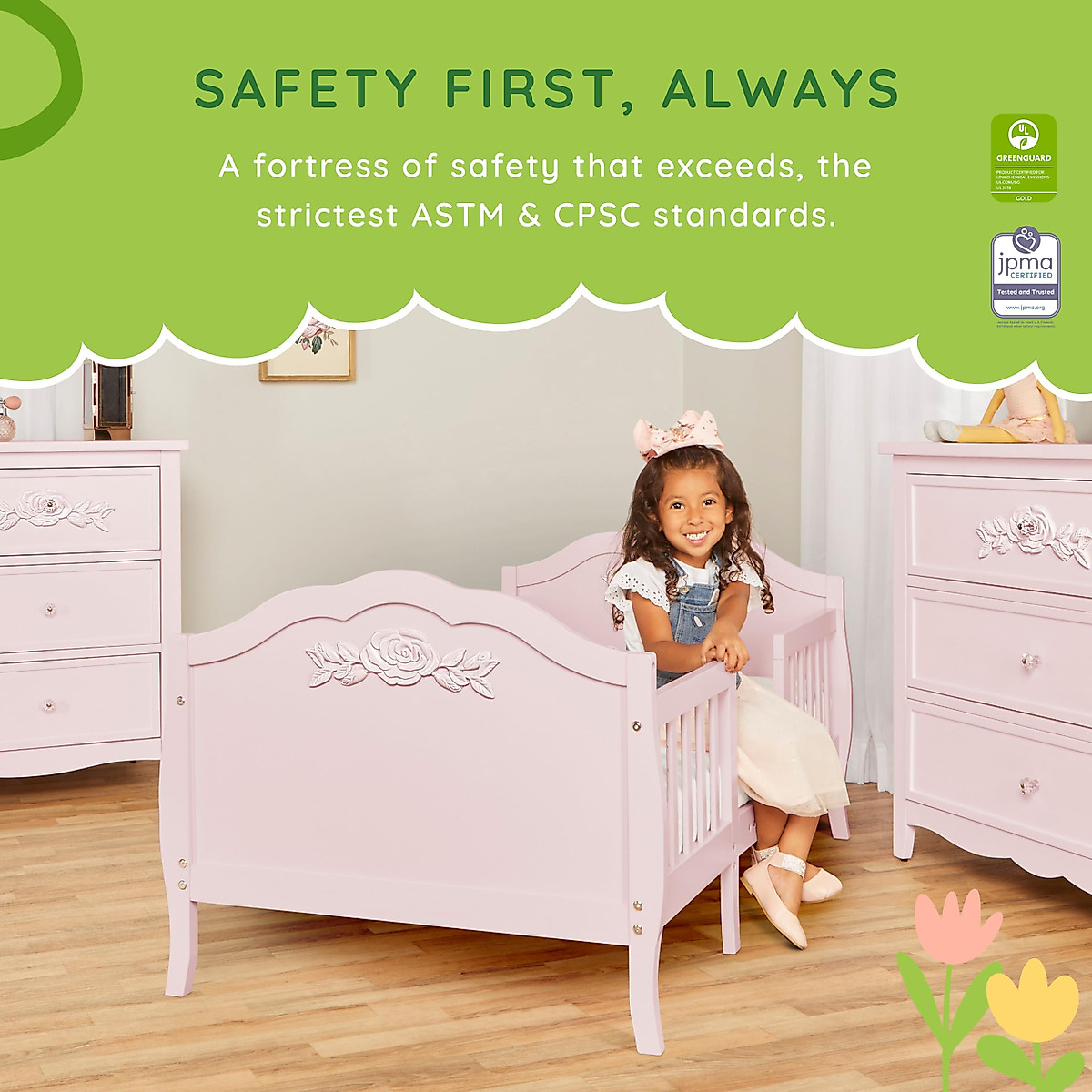 SweetPea Baby Rose 3-in-1 Convertible Toddler Bed in Blush Pink, Greenguard Gold Certified, JPMA Certified, Safety Rails, Made of Sustainable New Zealand Pinewood