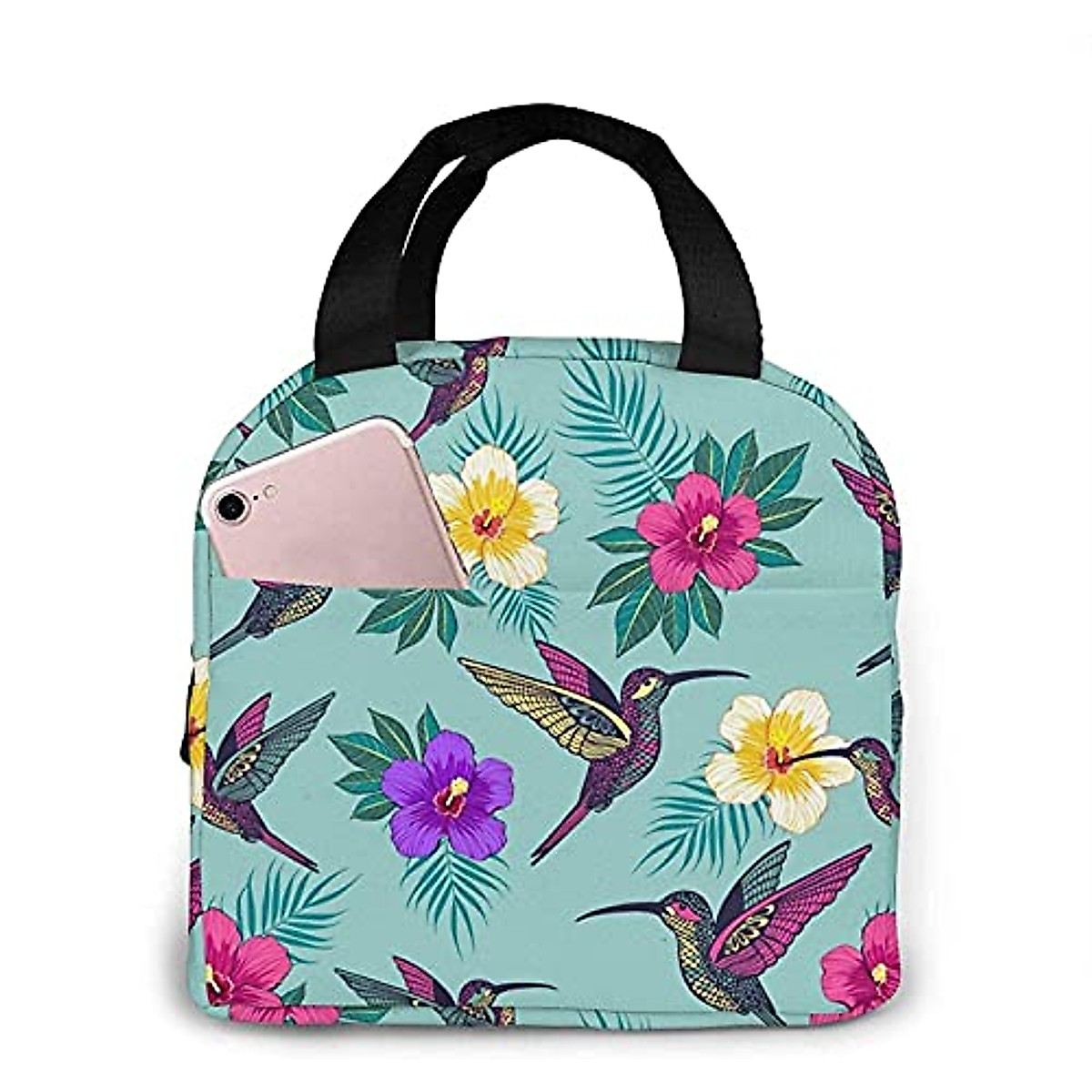 3D Novelty Tropical Flowers with A Bird Insulated Lunch Bag Lunch Water Resistant Cooler Box For Women Men Adults College Work Picnic Hiking Beach Fishing