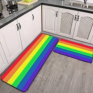 YouTary Gay Pride LGBT Rainbow Flag Pattern Kitchen Rug Set 2 PCS Floor Mats Washable Non-Slip Soft Flannel Runner Rug Doormat Carpet for Kitchen Bathroom Laundry