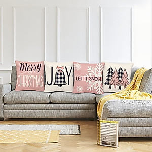 Geefuun Rose Gold Christmas Pillow Covers 18 x 18 Decorations Indoor Home Pink Decor Set of 4 - Xmas/Holiday/Winter Bedroom Decorative Pillowcase for Couch, Bed（No Fillers）