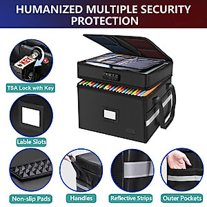Fireproof Document Box with Lock, 2 Layers Fireproof File Box, Portable Important Document Organizer, Collapsible Waterproof File Box Organizer with Handles (Black)